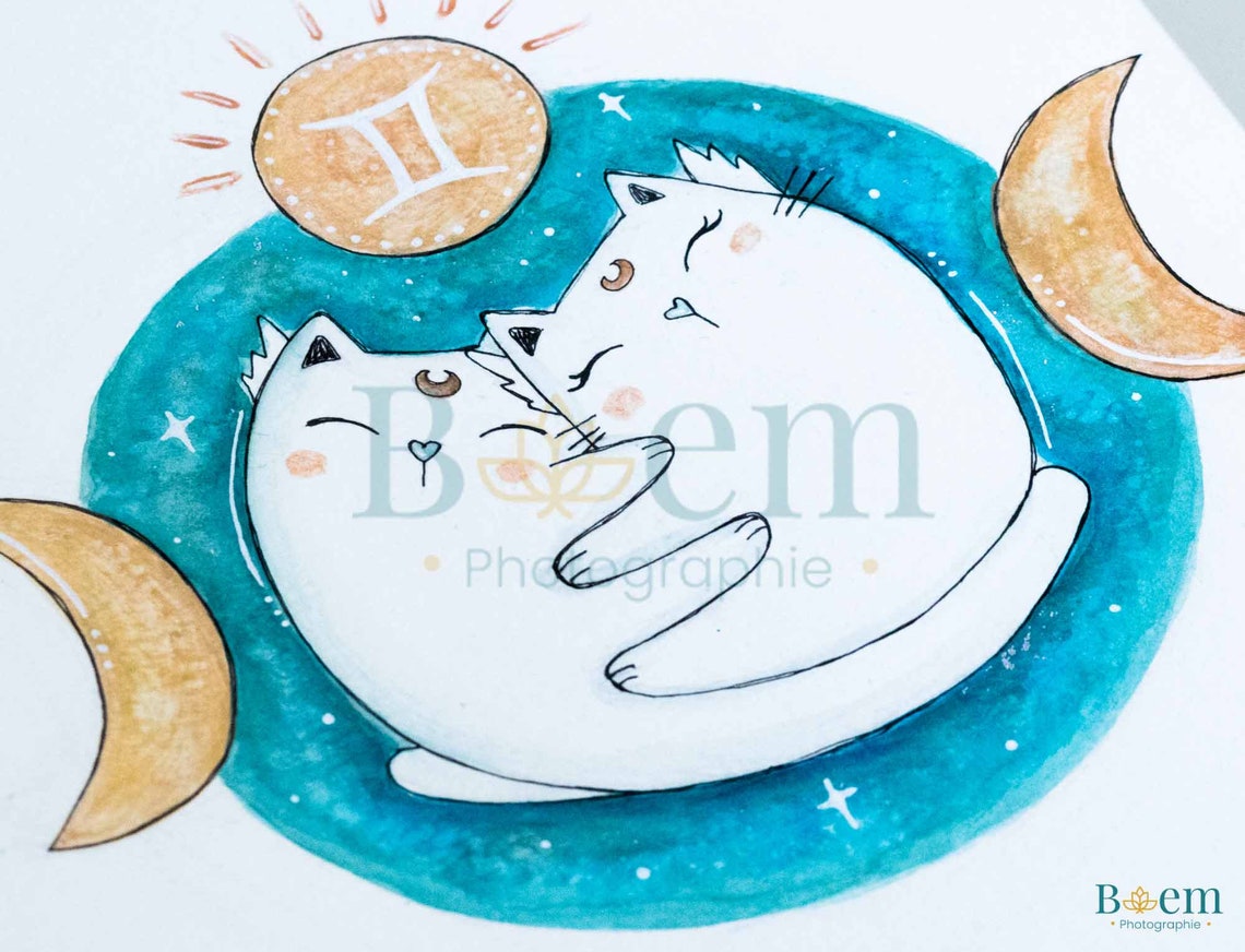Watercolor Astro Gemini Cat - Etsy