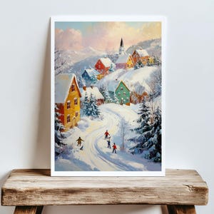 Winter Village Printable, Snowy Ski Town Art, Winter Landscape Wall ...
