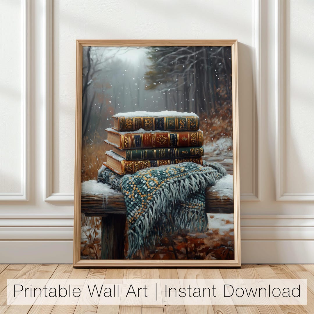 Winter Book Lover Art Print, Reading Nook Wall Art, Vintage Books in ...
