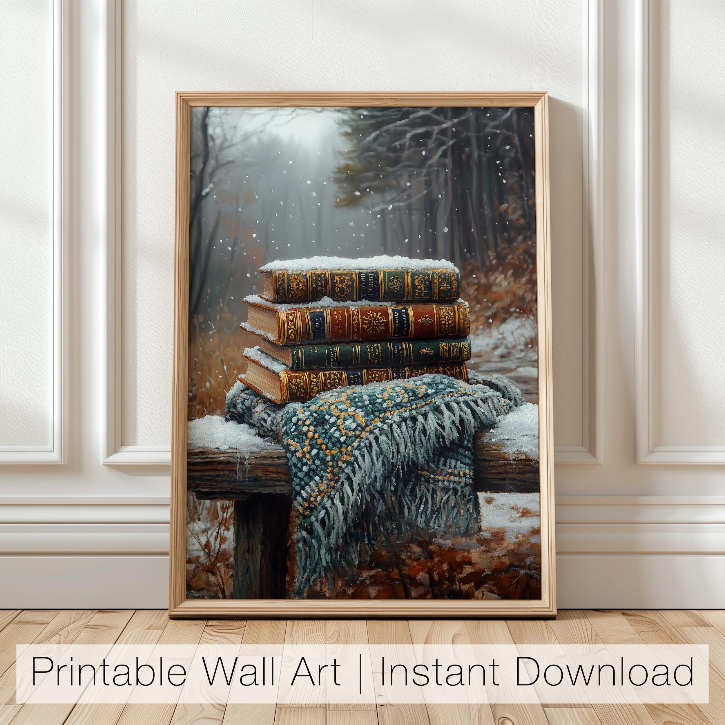Winter Book Lover Art Print, Reading Nook Wall Art, Vintage Books in ...