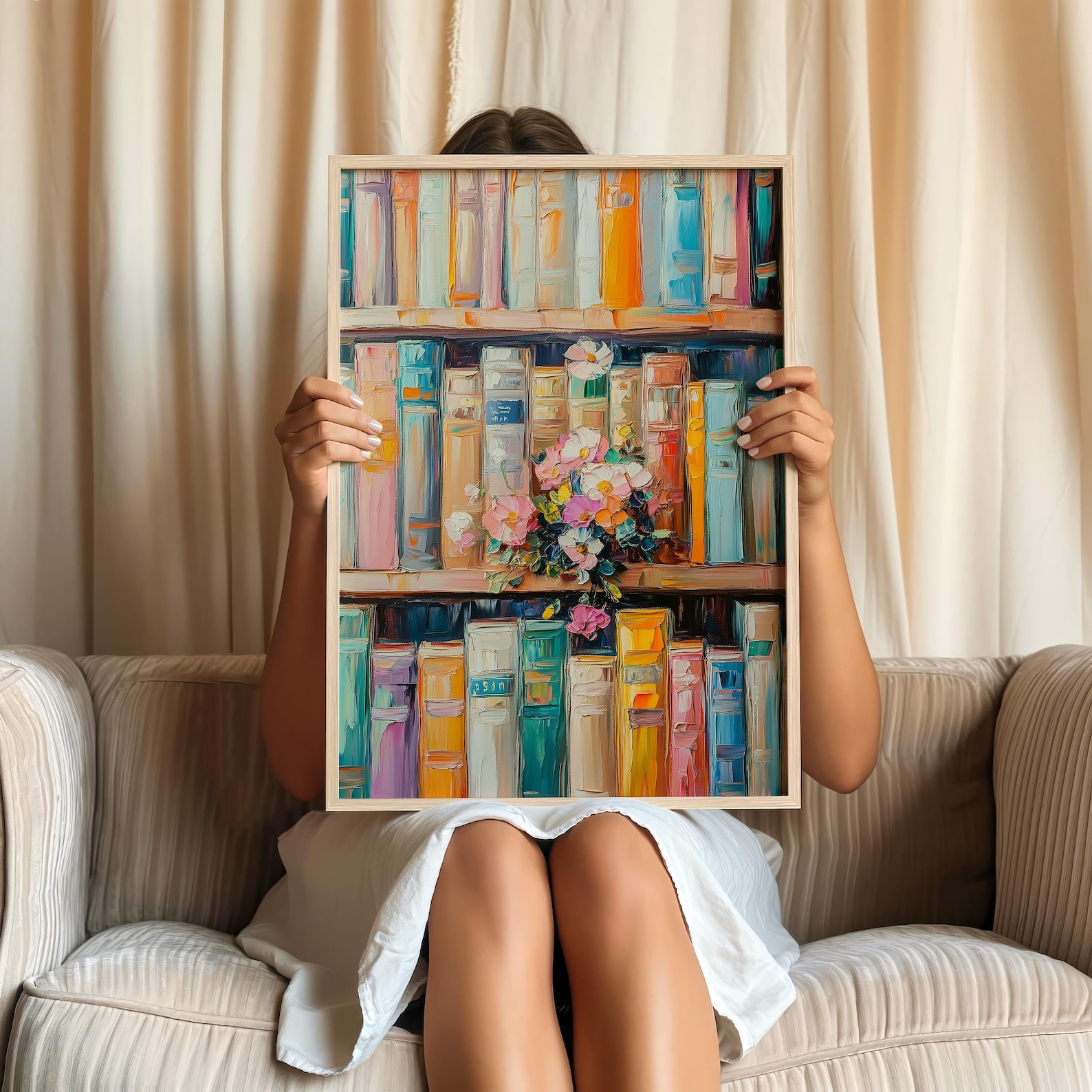 Colorful Book Shelf Art Print | Floral Library Decor | Vibrant Book ...