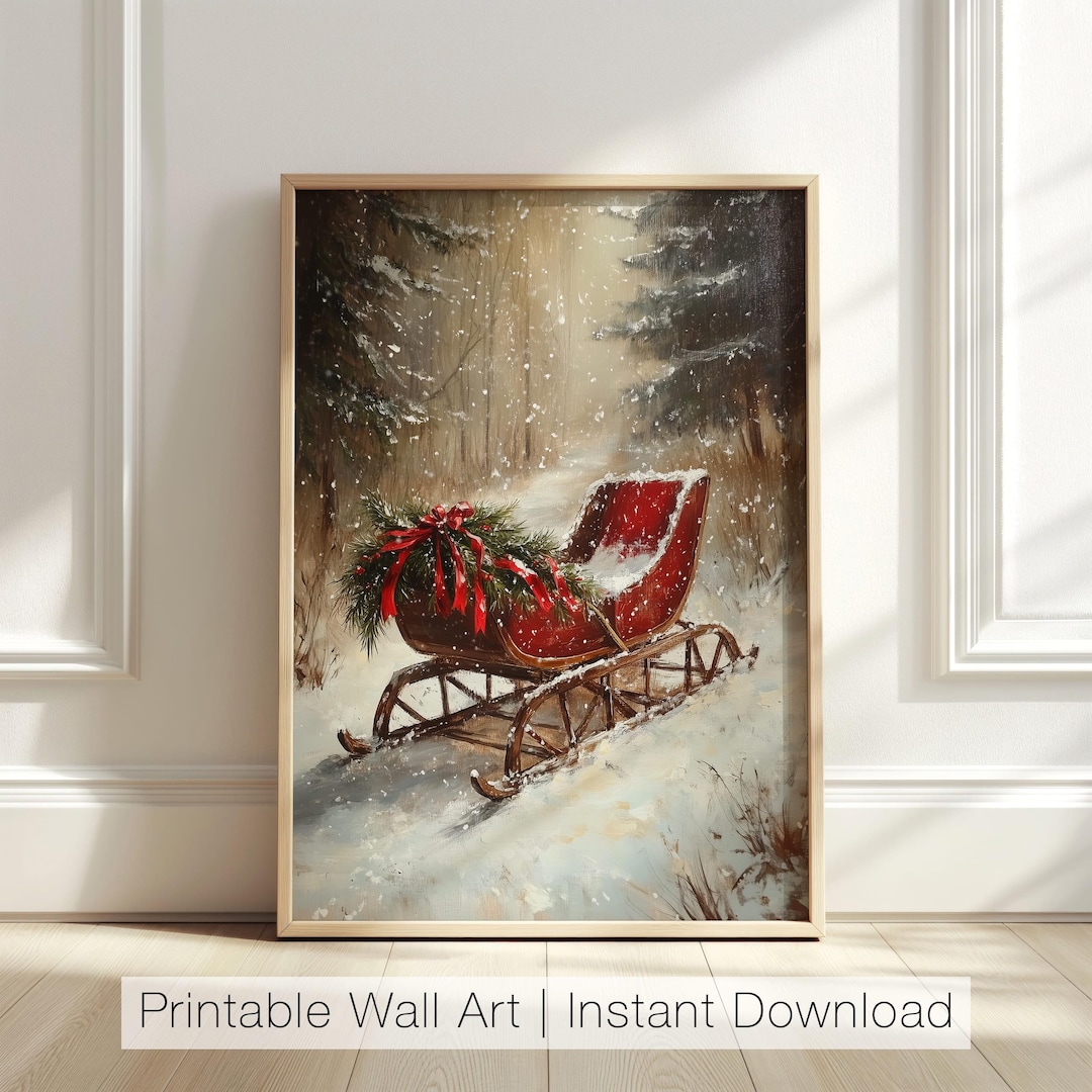 Vintage Winter Sleigh Printable, Christmas Sleigh Art, Rustic Holiday ...
