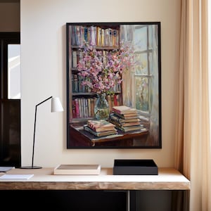 Vintage Floral Library Art Print | Cozy Book Lover's Decor | Vintage ...