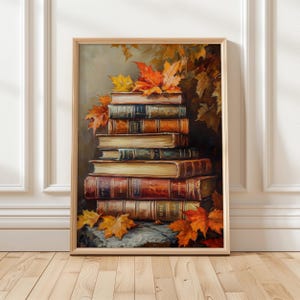 Vintage Book Stack Art Print | Autumn Book Print | Cozy Library Wall ...