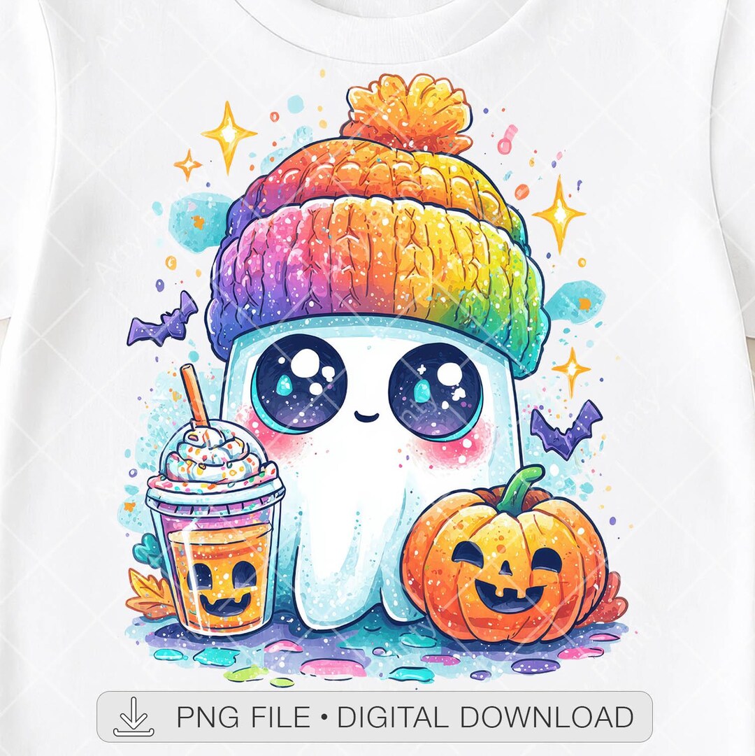 Cute Ghost Halloween PNG, Kawaii Pumpkin Drink Png, Rainbow Beanie ...