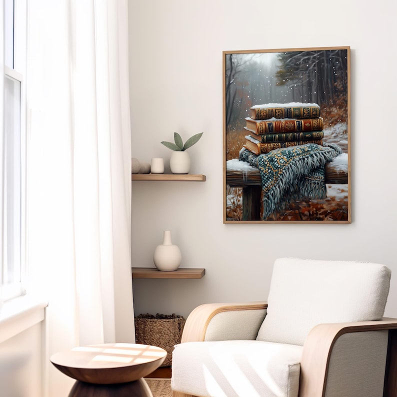 Winter Book Lover Art Print, Reading Nook Wall Art, Vintage Books in ...
