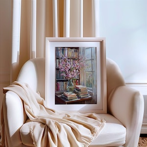 Vintage Floral Library Art Print | Cozy Book Lover's Decor | Vintage ...