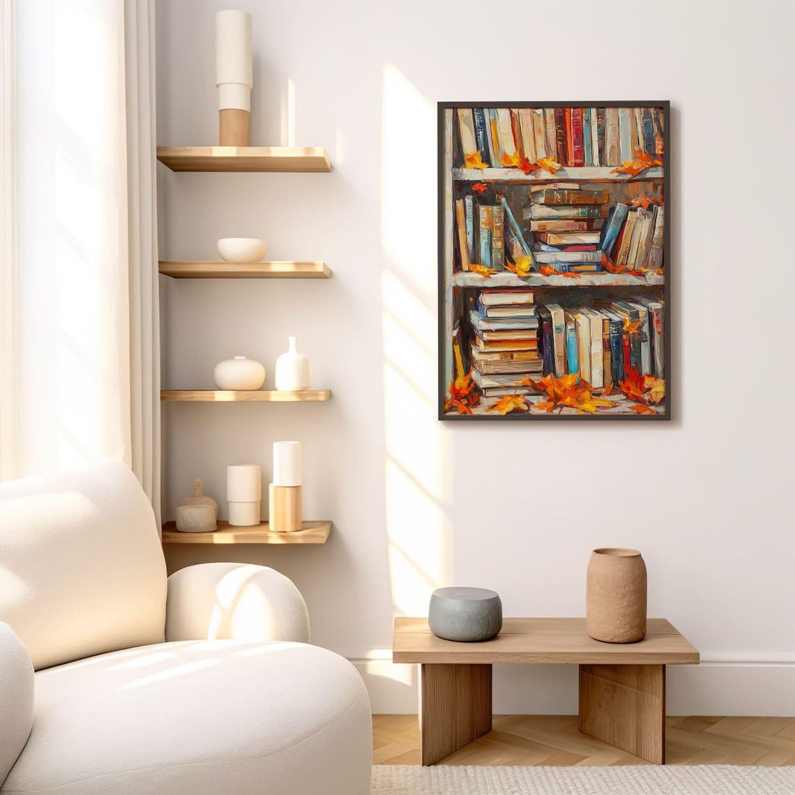 Autumn Bookshelf Art Print | Cozy Fall Library Decor | Vintage Book ...