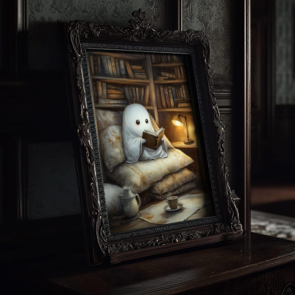 Cozy Ghost Library Art Print | Bookish Halloween Decor | Spooky Reading ...