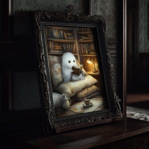 Cozy Ghost Library Art Print | Bookish Halloween Decor | Spooky Reading ...