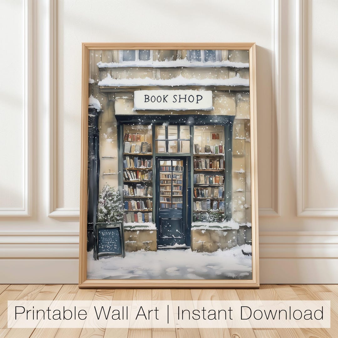 Winter Bookshop Wall Art, Cozy Book Store Printable, Bookish Christmas ...