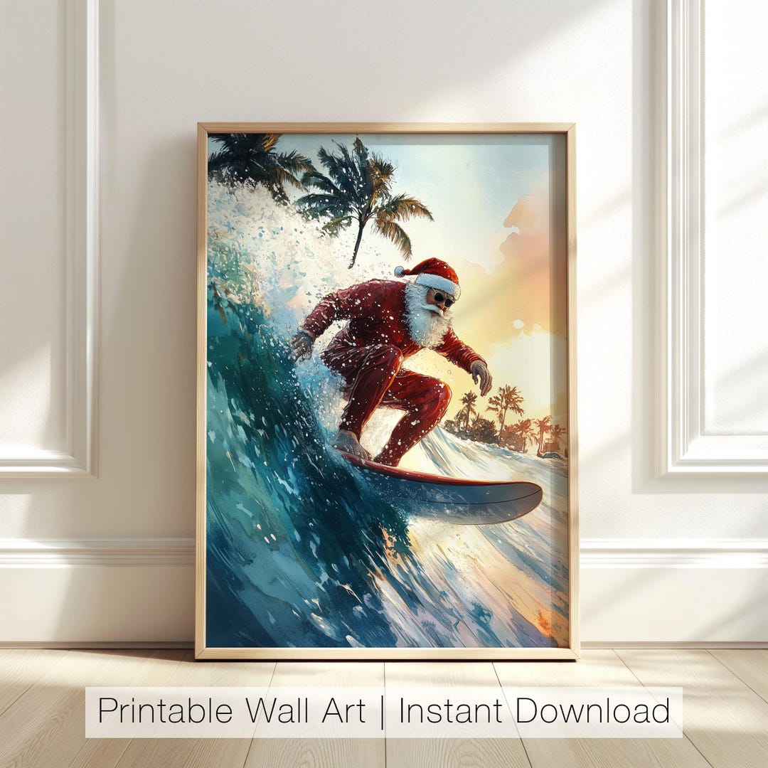 Santa Claus Surfer Printable Art, Tropical Christmas Print, Beach ...