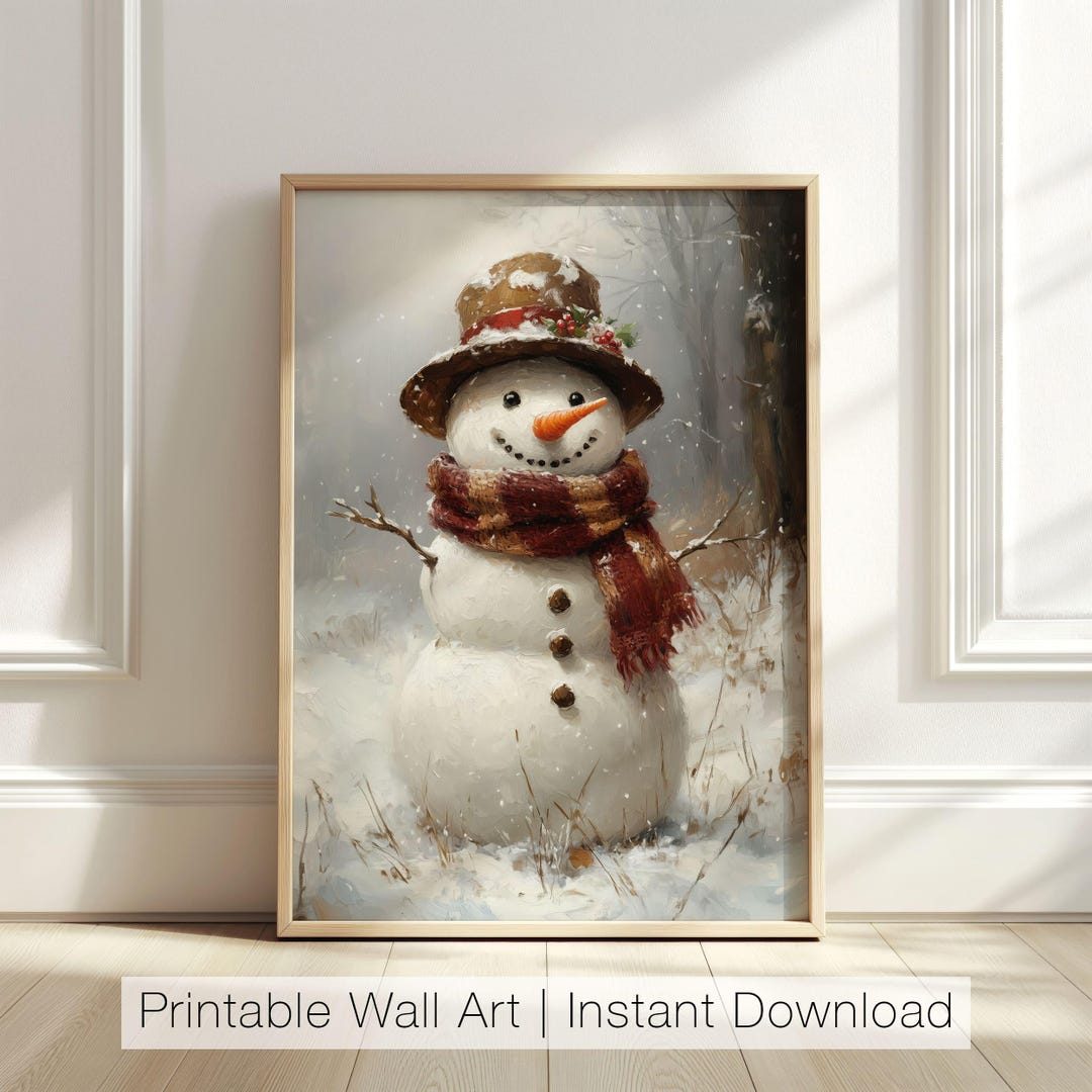Snowman Art Print, Winter Decor Printable, Rustic Christmas Art ...