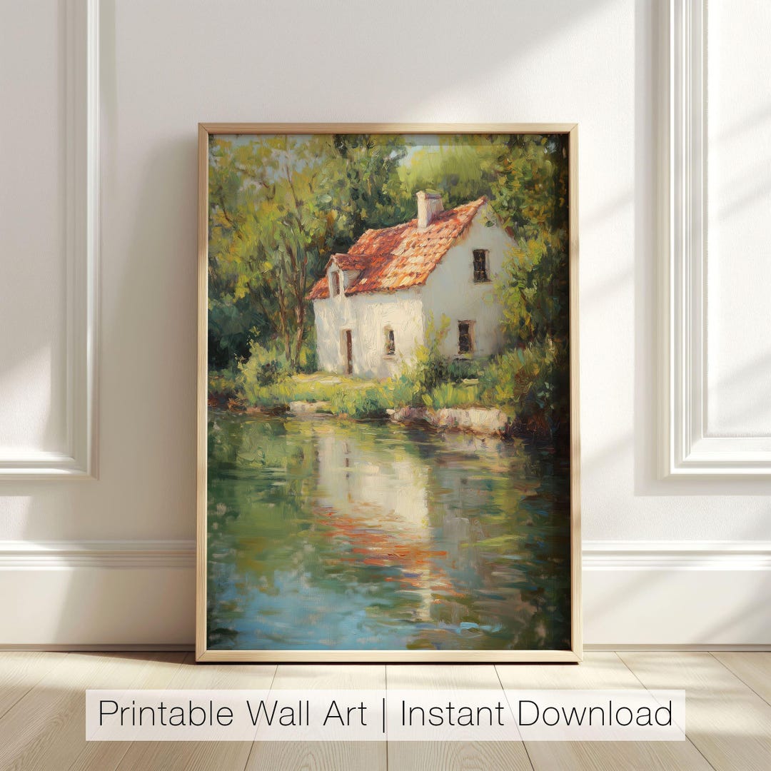Cottage Lake Art, Rustic Landscape Print, Countryside Wall Art, Nature ...