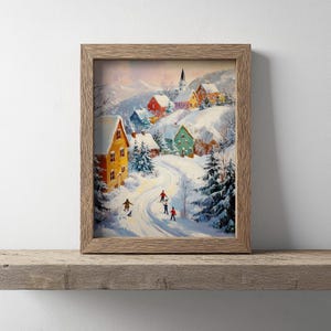 Winter Village Printable, Snowy Ski Town Art, Winter Landscape Wall ...
