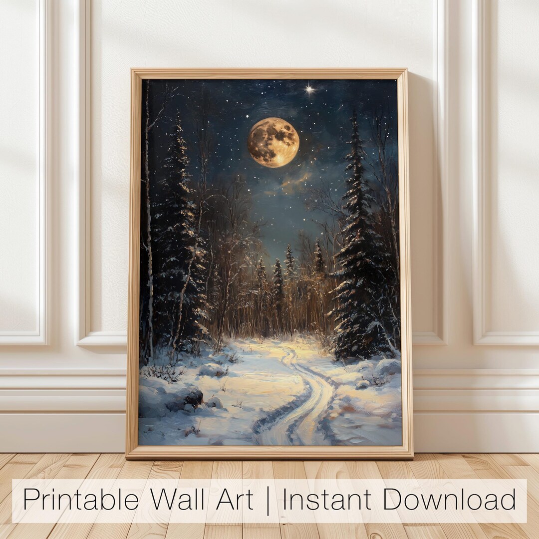 Moon Winter Forest Wall Art, Snowy Night Landscape Printable, Winter ...