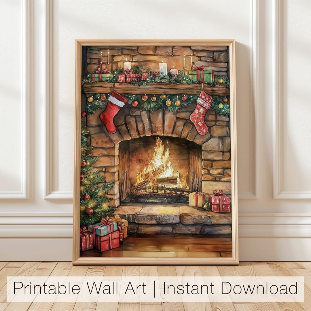 Christmas Fireplace Wall Art, Cozy Holiday Decor, Christmas Printable ...