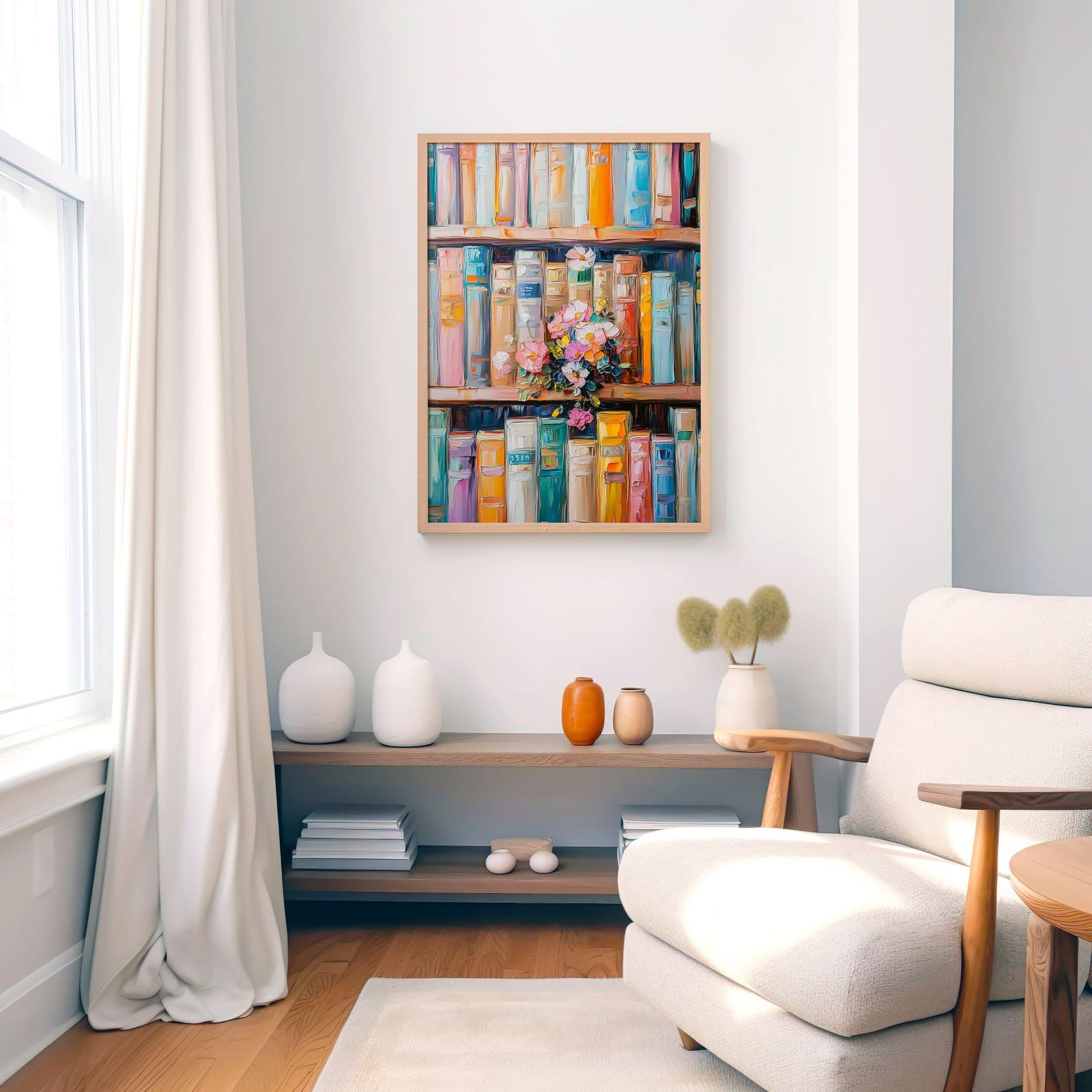Colorful Book Shelf Art Print | Floral Library Decor | Vibrant Book ...