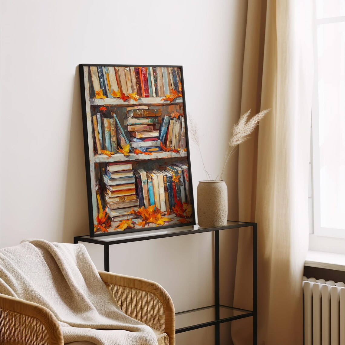 Autumn Bookshelf Art Print | Cozy Fall Library Decor | Vintage Book ...