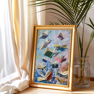 Flying Books Art Print | Colorful Digital Wall Art | Abstract Book ...