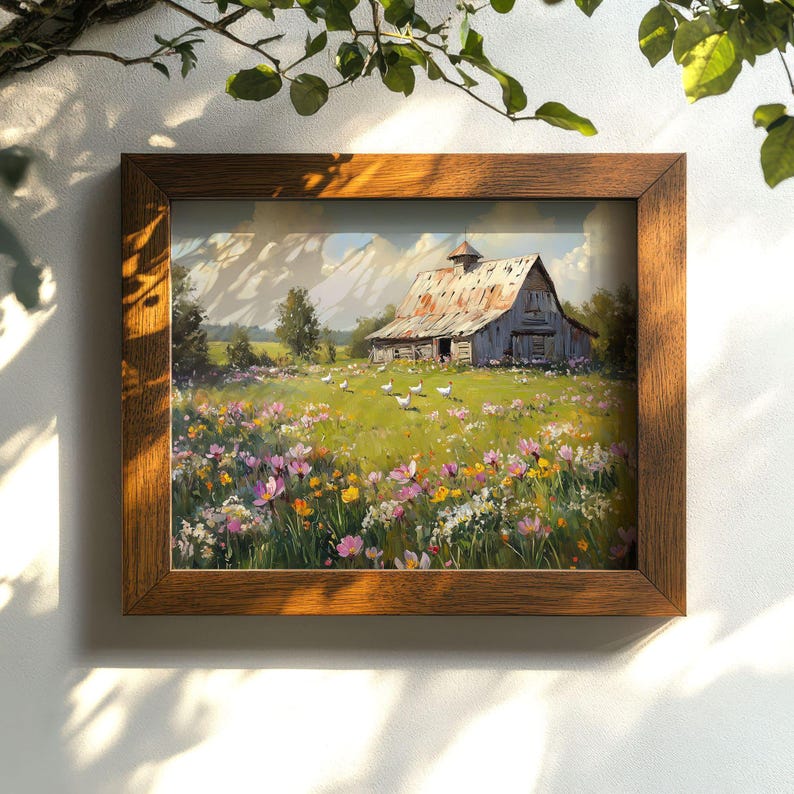 Rustic Barn and Wildflower Meadow, Farmhouse Printable Wall Art ...