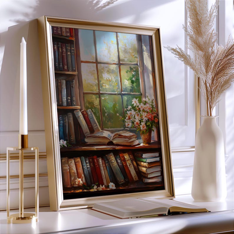 Cozy Vintage Library Art Print | Book Lover Wall Decor | Floral ...