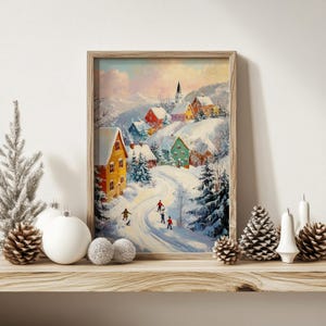 Winter Village Printable, Snowy Ski Town Art, Winter Landscape Wall ...