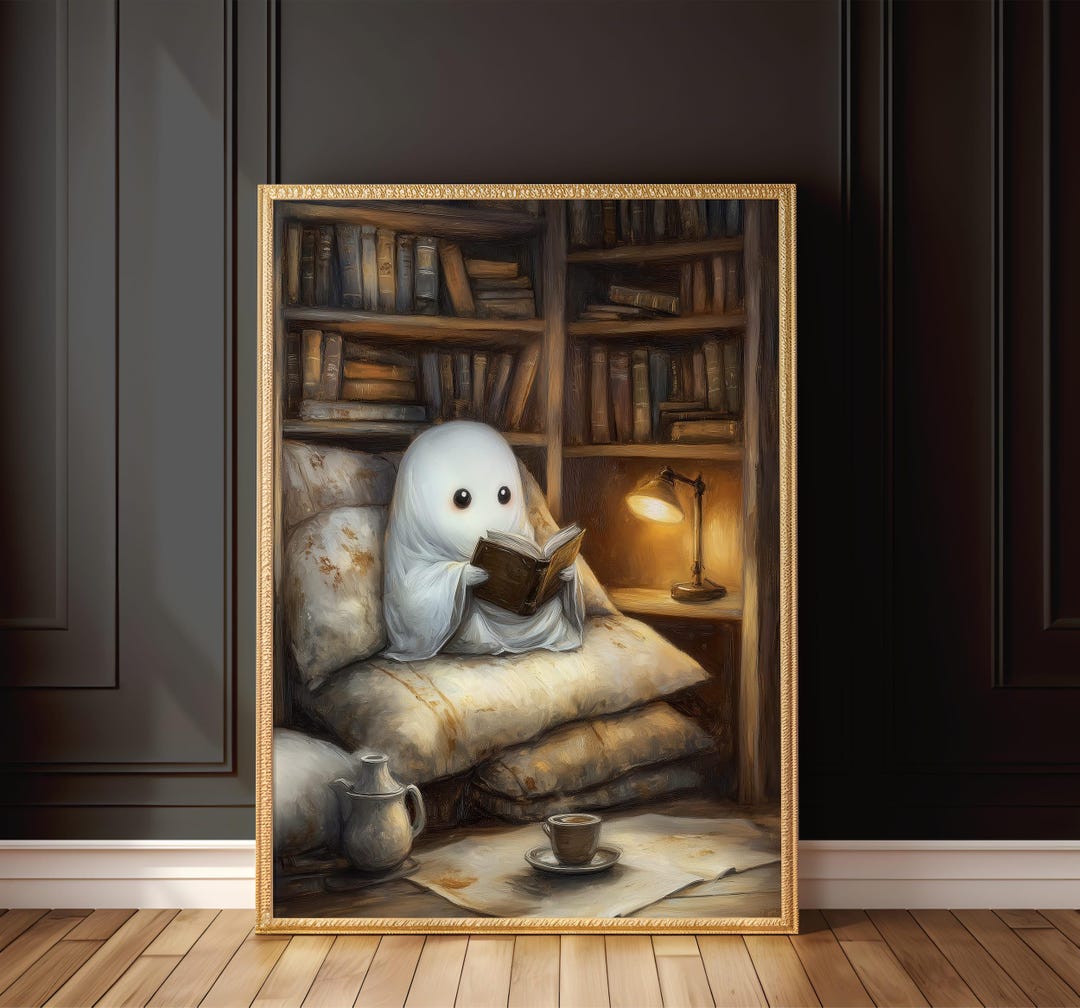 Cozy Ghost Library Art Print | Bookish Halloween Decor | Spooky Reading ...