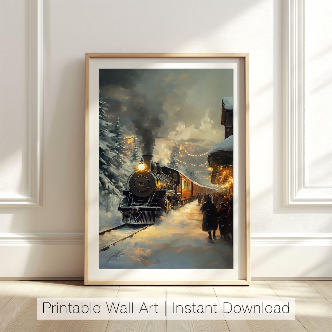 Vintage Christmas Train Art, Winter Holiday Decor, Rustic Train ...