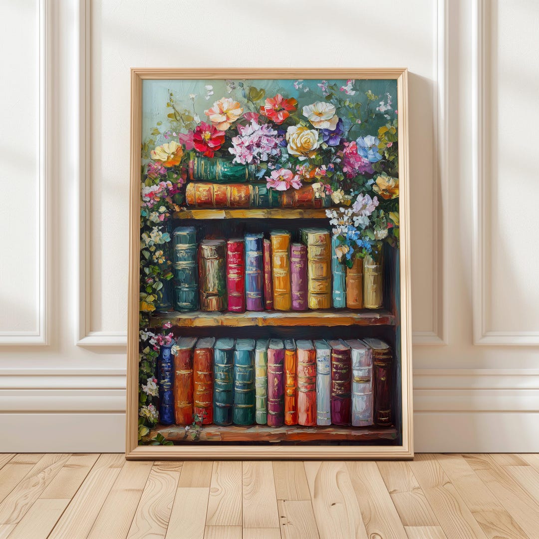Vintage Bookshelf Art Print | Cozy Book Lover Print | Book Floral Wall ...