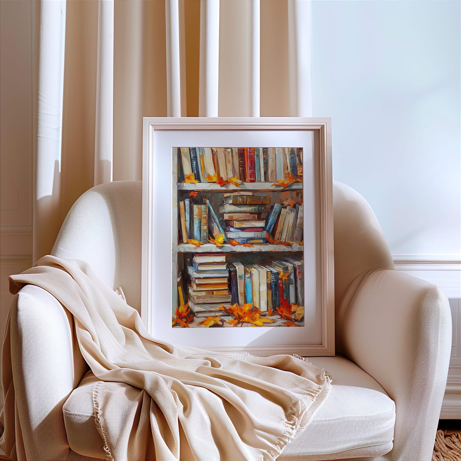 Autumn Bookshelf Art Print | Cozy Fall Library Decor | Vintage Book ...
