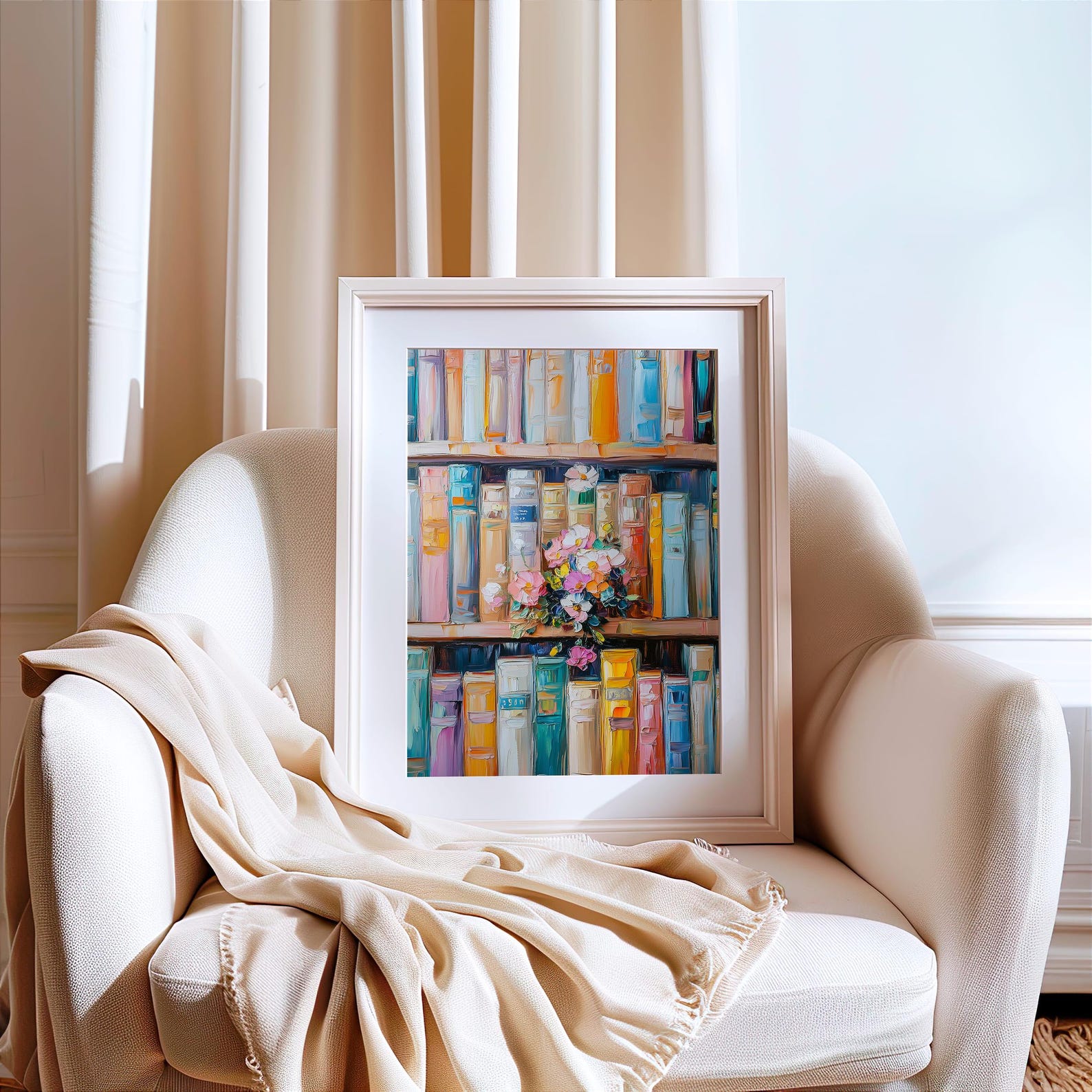 Colorful Book Shelf Art Print Floral Library Decor Vibrant Book Lover's ...