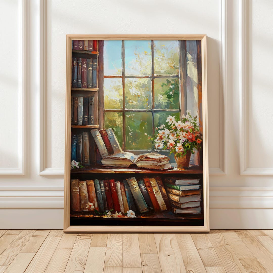 Cozy Vintage Library Art Print | Book Lover Wall Decor | Floral ...