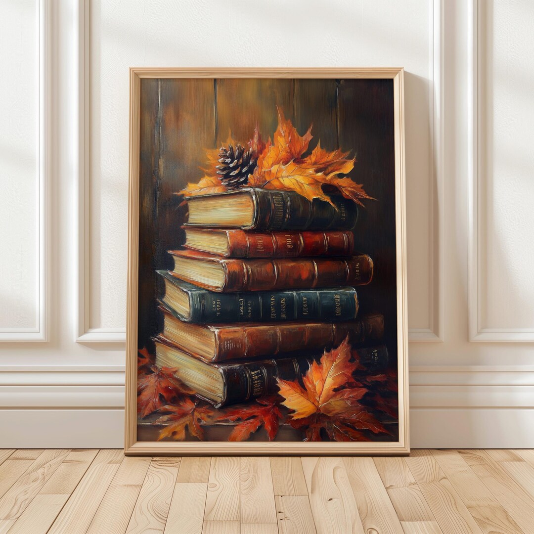 Vintage Autumn Book Stack Art Print Cozy Fall Reading Nook Decor Book ...