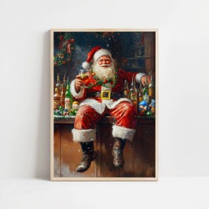 Funny Santa Claus Drinking Art, Christmas Wall Art, Holiday Bar Cart ...