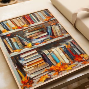 Autumn Bookshelf Art Print | Cozy Fall Library Decor | Vintage Book ...
