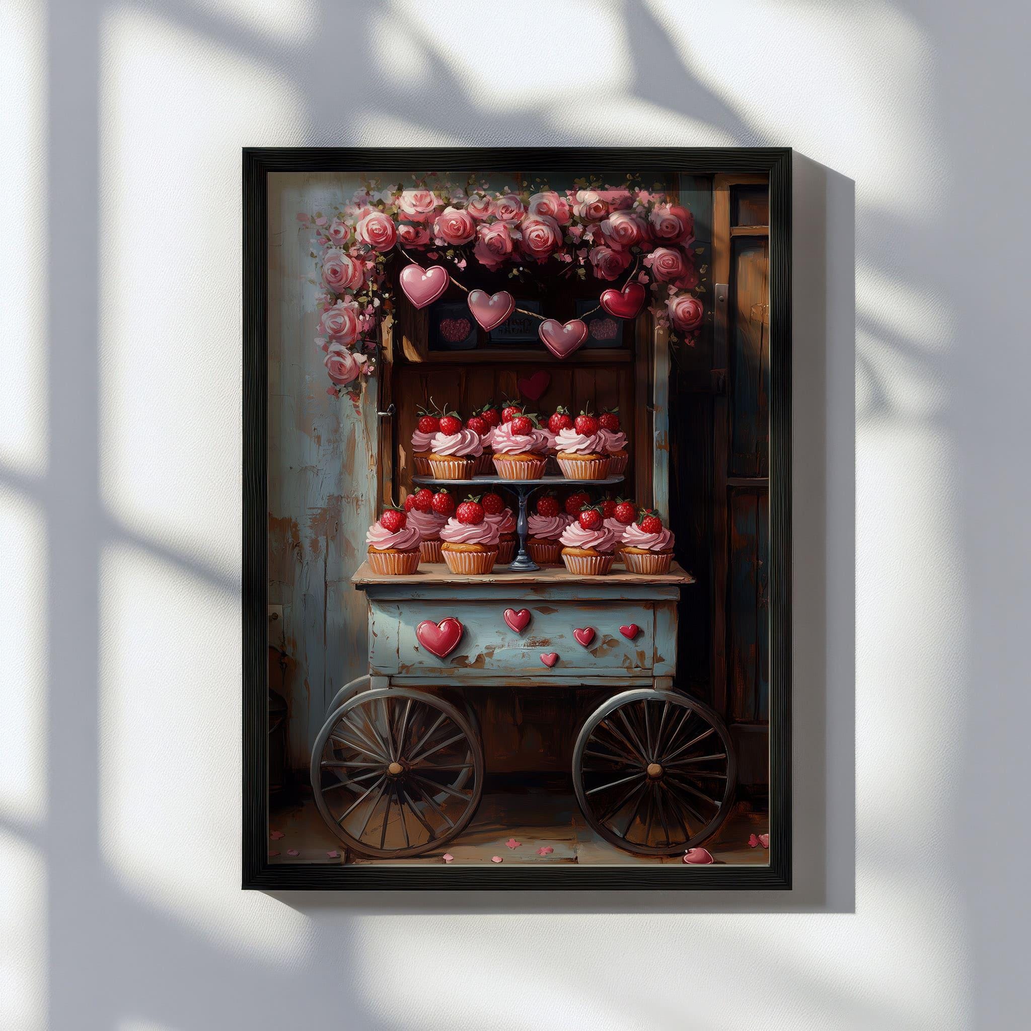 Vintage Cupcake Cart Art, Valentine Printable, Cupcakes Art Print, Pink ...