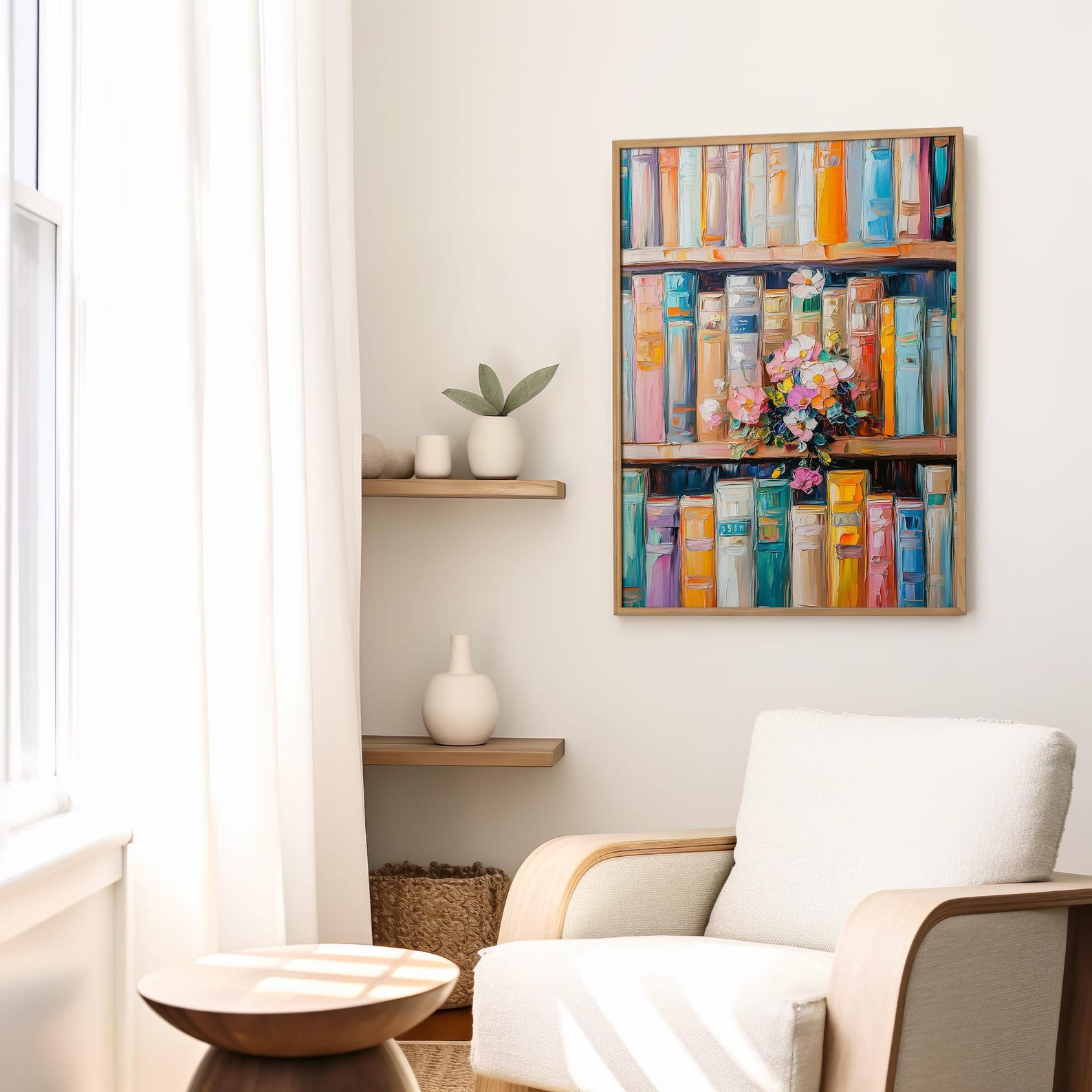 Colorful Book Shelf Art Print | Floral Library Decor | Vibrant Book ...