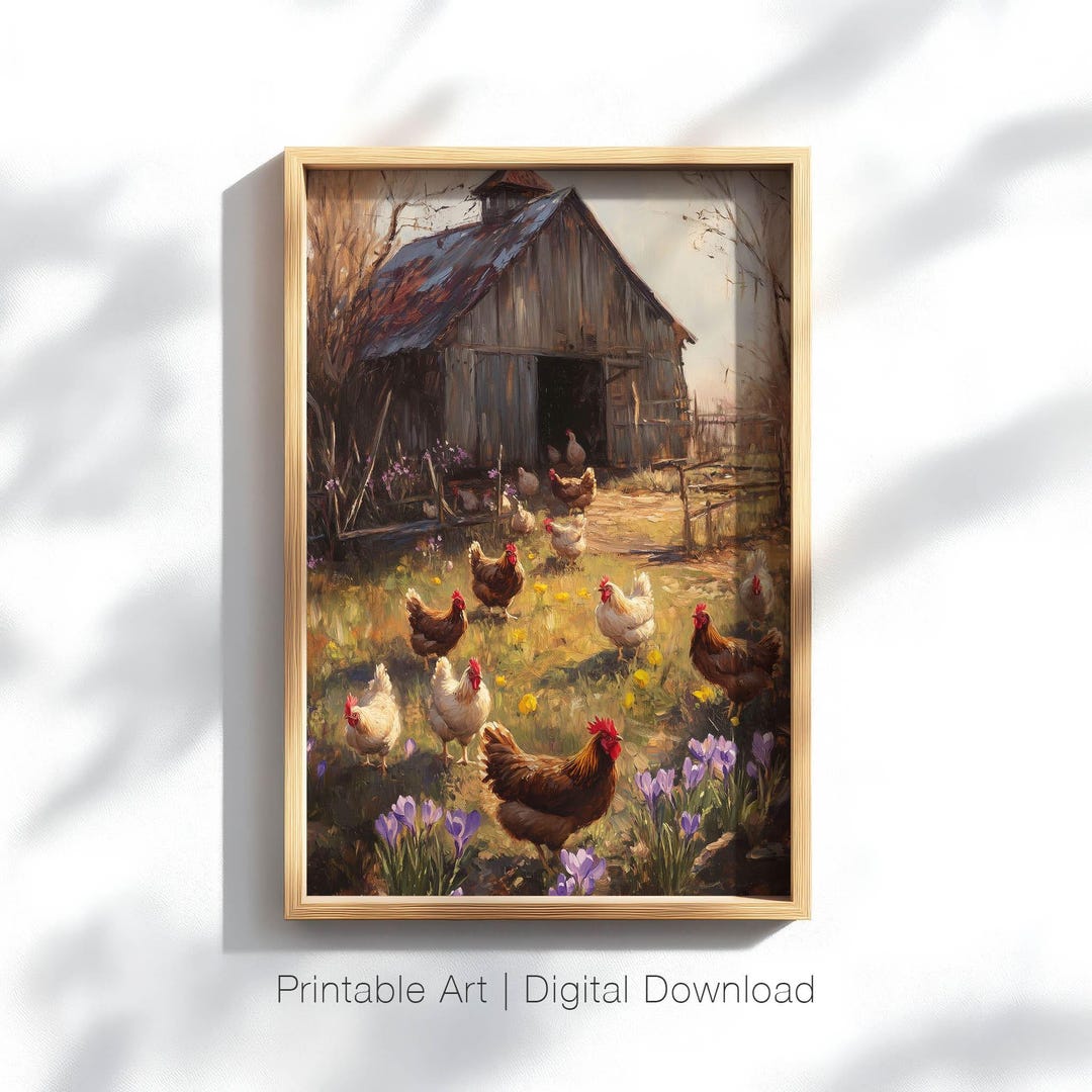 Vintage Rustic Farmhouse Chicken Art, Barn Landscape Print, Country ...