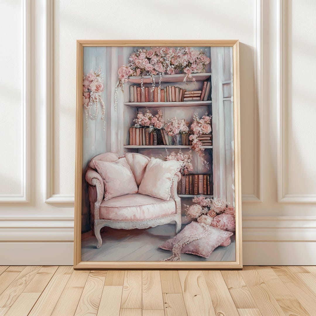 Vintage Bookshelf Wall Art | Shabby Chic Book Nook Print | Cozy Book ...