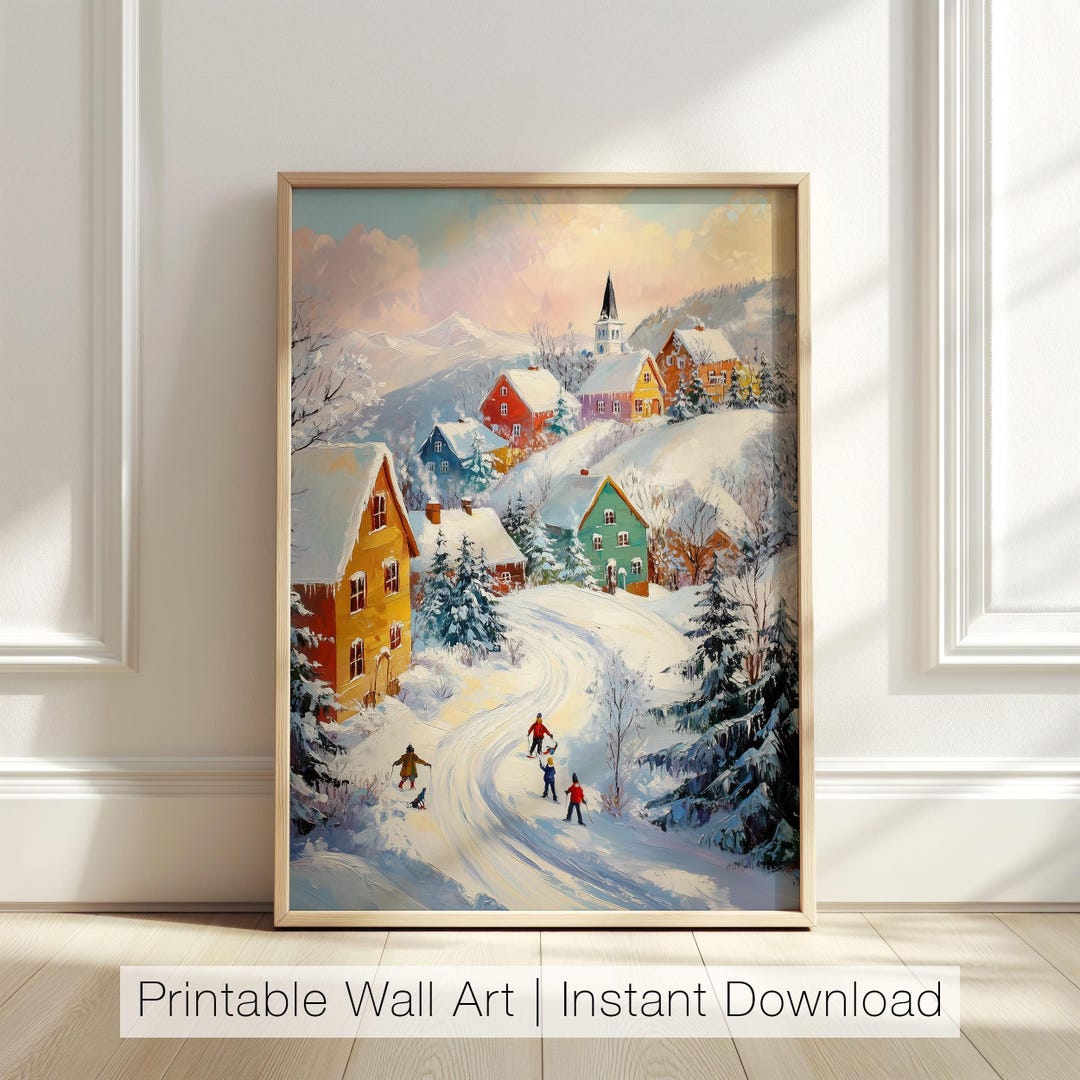 Winter Village Printable, Snowy Ski Town Art, Winter Landscape Wall ...
