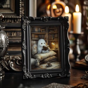 Cozy Ghost Library Art Print | Bookish Halloween Decor | Spooky Reading ...