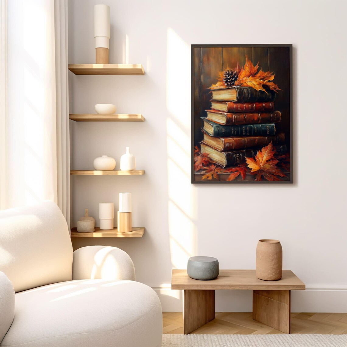 Vintage Autumn Book Stack Art Print | Cozy Fall Reading Nook Decor ...