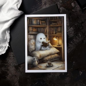 Cozy Ghost Library Art Print | Bookish Halloween Decor | Spooky Reading ...