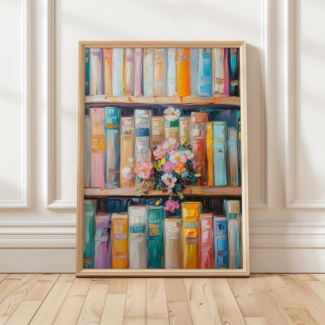 Colorful Book Shelf Art Print | Floral Library Decor | Vibrant Book ...