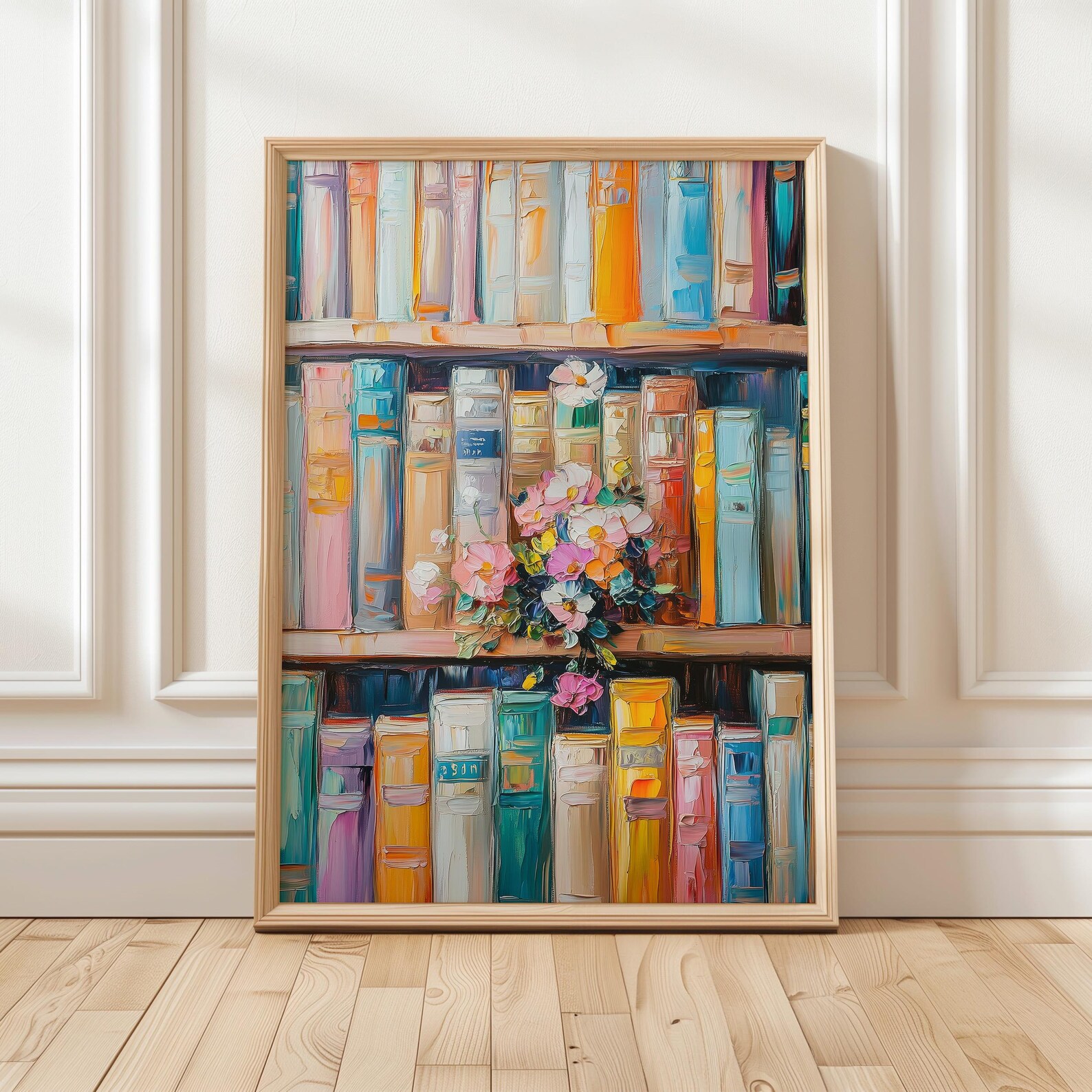 Colorful Book Shelf Art Print | Floral Library Decor | Vibrant Book ...