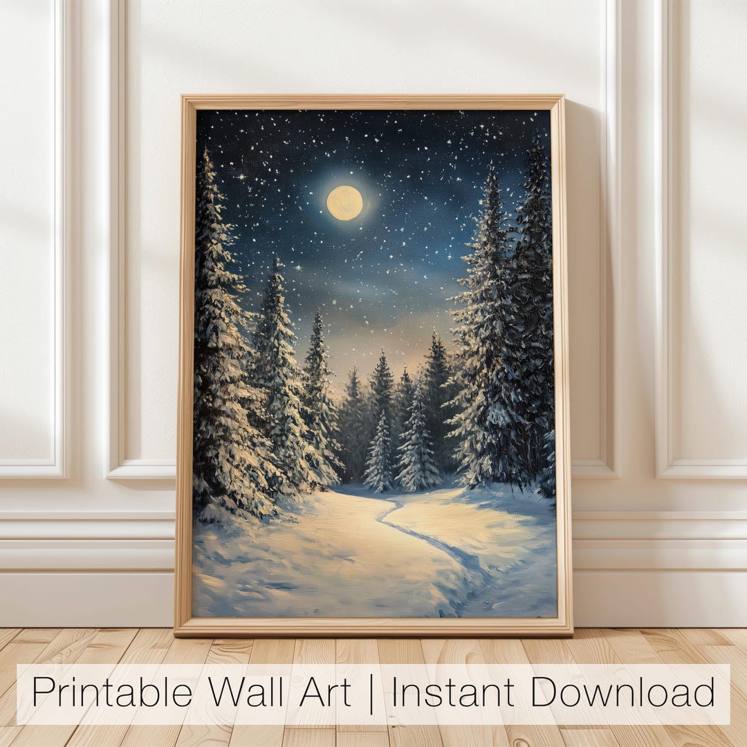 Winter Moon Forest Art, Snowy Night Landscape, Christmas Wall Art Print ...