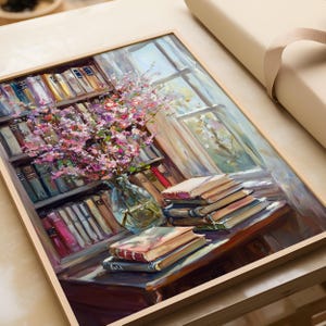 Vintage Floral Library Art Print | Cozy Book Lover's Decor | Vintage ...