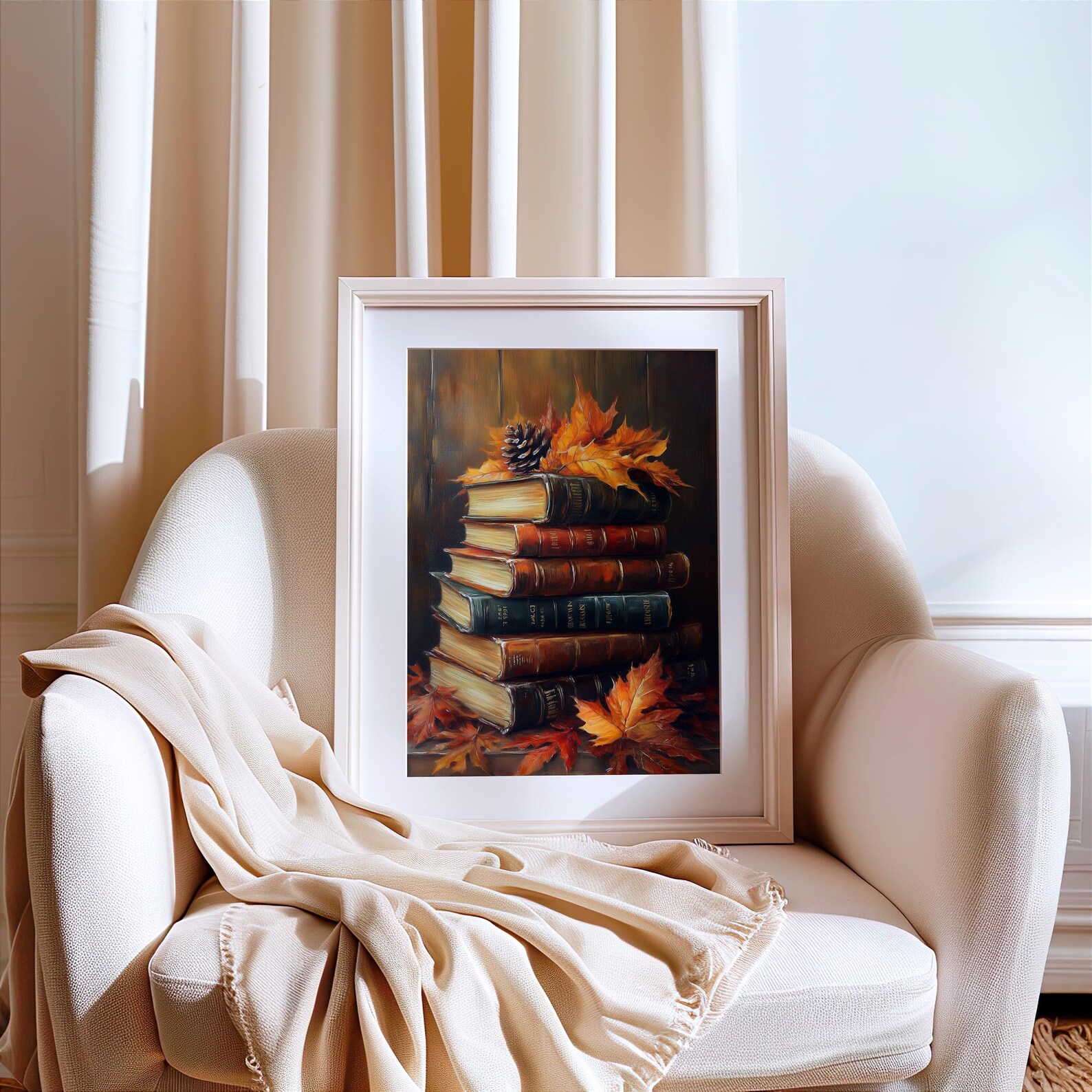 Vintage Autumn Book Stack Art Print | Cozy Fall Reading Nook Decor ...