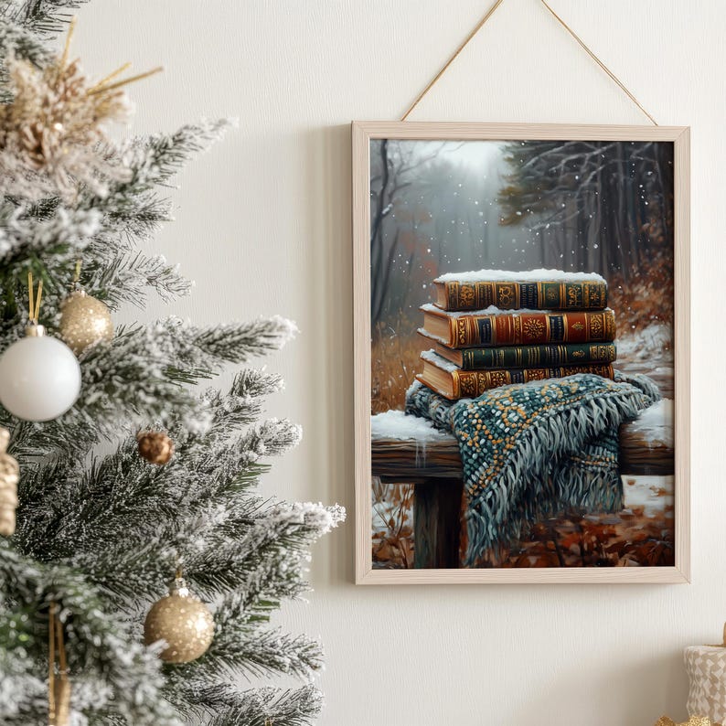 Winter Book Lover Art Print, Reading Nook Wall Art, Vintage Books in ...